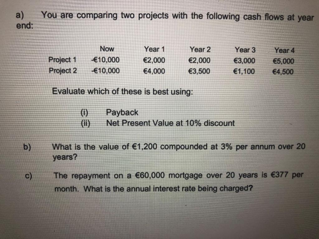 Solved and : a) end: You are comparing two projects with the | Chegg.com