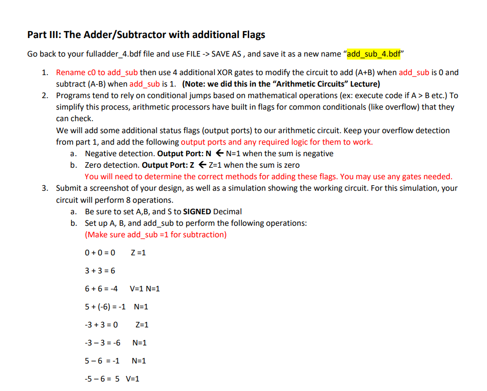 Part III: The Adder/Subtractor with additional Flags | Chegg.com