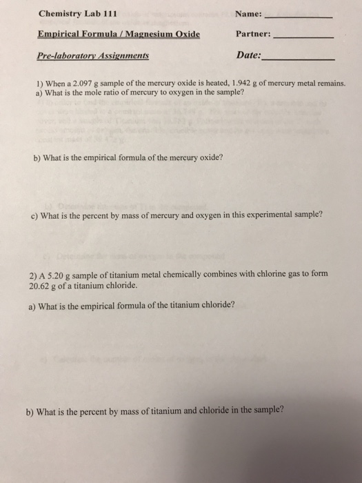 Solved Name: Partner: Date Chemistry Lab 111 Empirical | Chegg.com