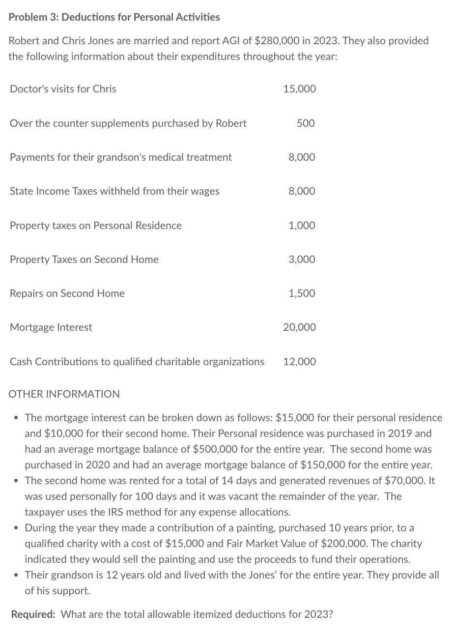 Solved Problem 3: Deductions for Personal Activities Robert | Chegg.com