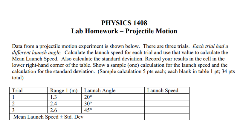 Solved PHYSICS 1408 Lab Homework – Projectile Motion Data | Chegg.com