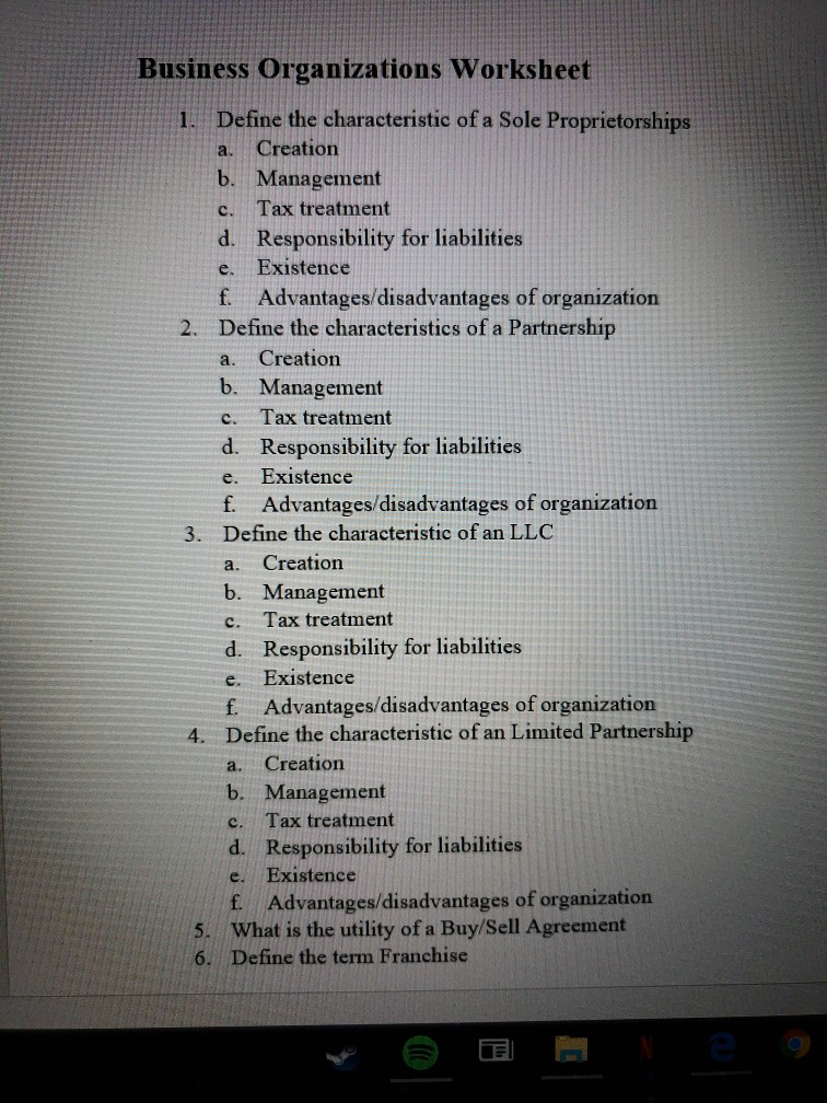 Solved Business Organizations Worksheet Define the | Chegg.com