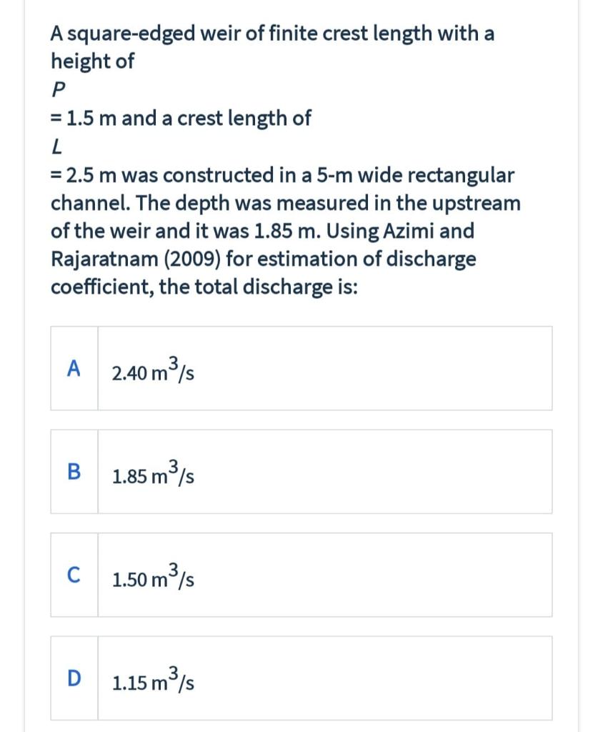 Solved A square-edged weir of finite crest length with a | Chegg.com