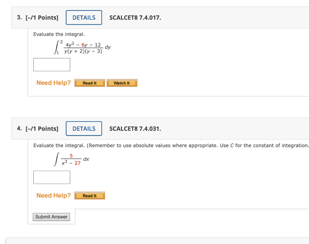 Solved 3. [-/1 Points] DETAILS SCALCET8 7.4.017. Evaluate | Chegg.com