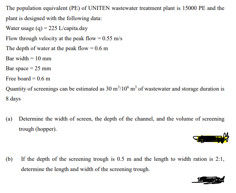 Solved The population equivalent (PE) of UNITEN wastewater | Chegg.com