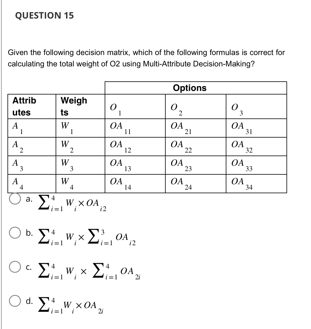 Solved QUESTION 15Given the following decision matrix, which | Chegg.com