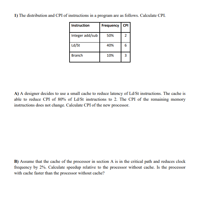 Solved 1) The distribution and CPI of instructions in a | Chegg.com