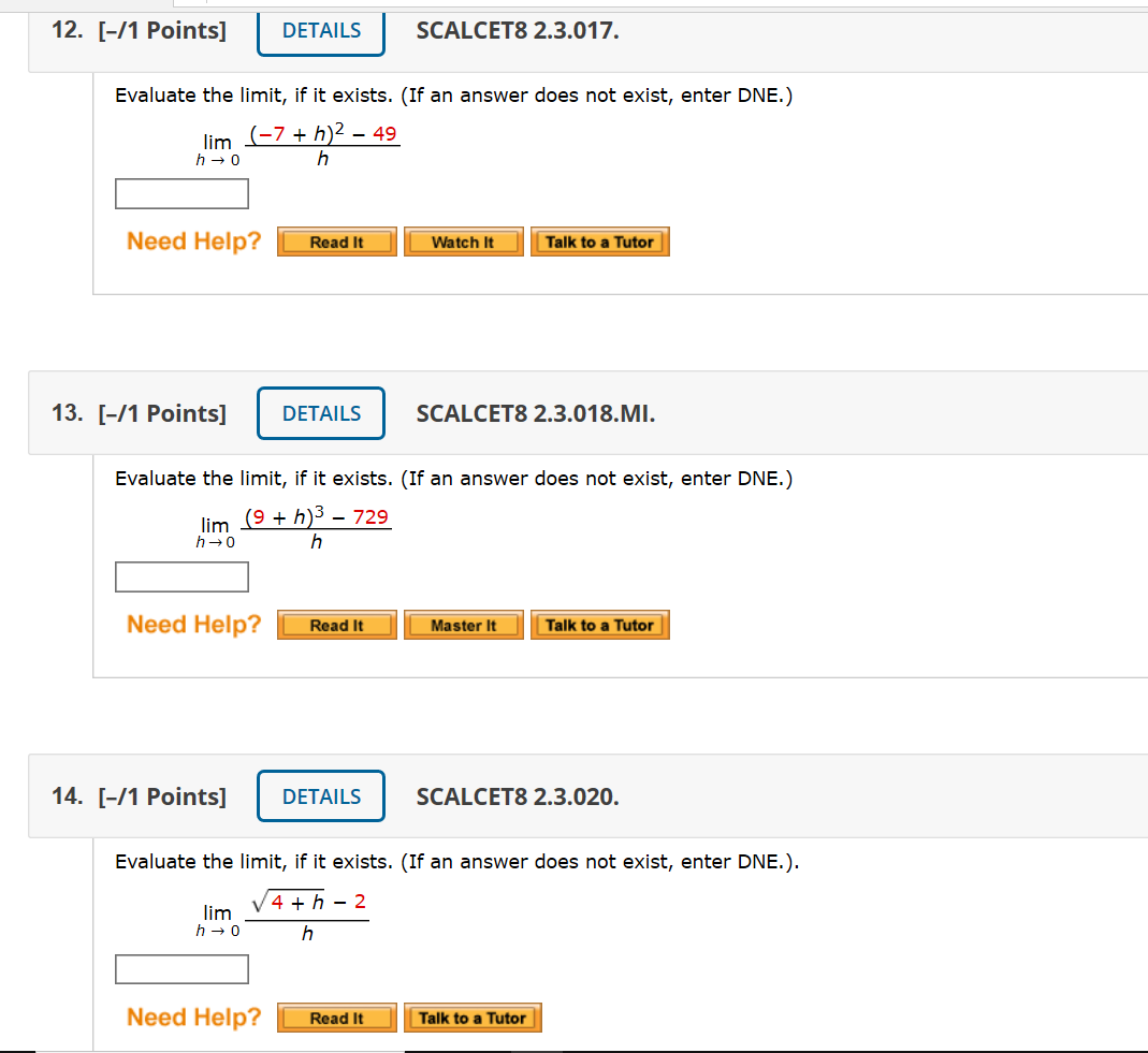 Solved 12. [-/1 Points] DETAILS SCALCET8 2.3.017. Evaluate | Chegg.com
