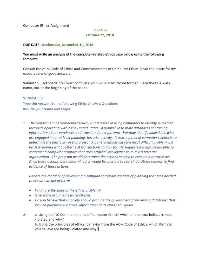 Solved Computer Ethics Assignment CSC 498 October 22, 2018 | Chegg.com