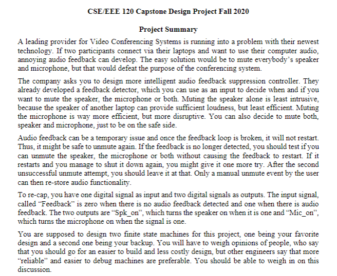 CSE/EEE 120 Capstone Design Project Fall 2020 Project | Chegg.com
