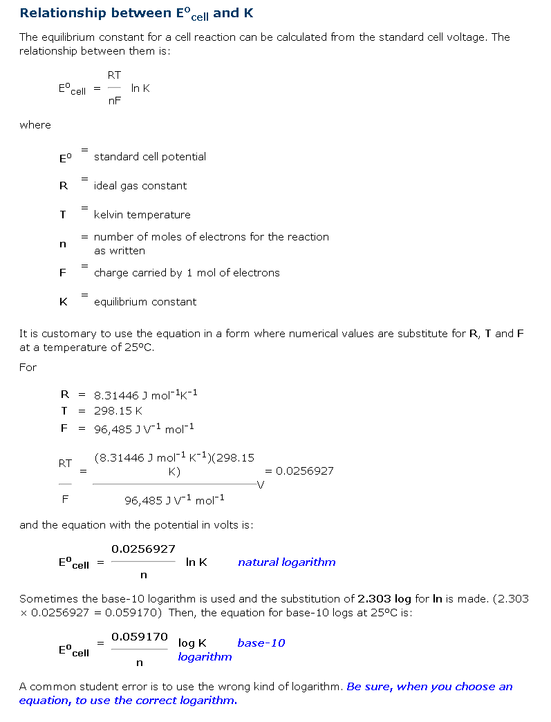 Solved Relationship Between E∘ Cell And K The Equilibrium