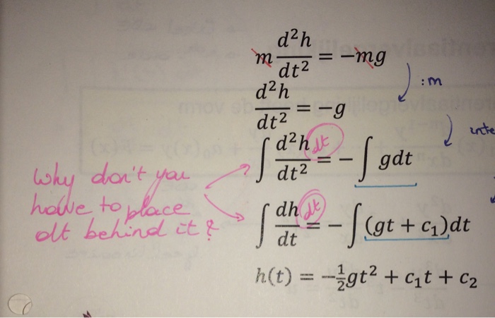 Solved m d^2 h/dt^2 = - mg d^2h/dt^2 = - g integral d^2 | Chegg.com