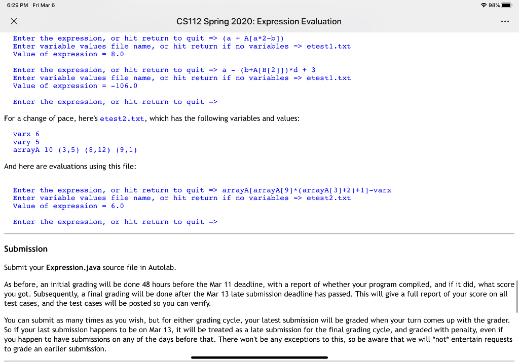 Solved 6:28 PM Fri Mar 6 98% X CS112 Spring 2020: Expression | Chegg.com