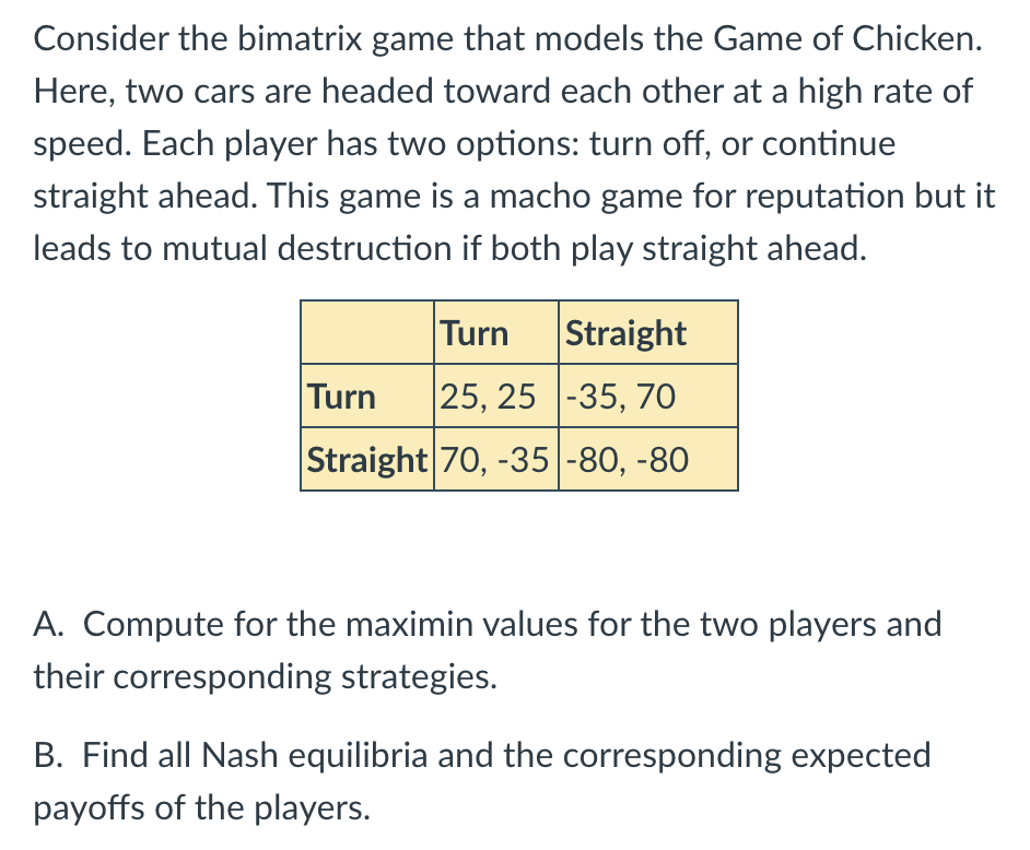 Solved Consider the bimatrix game that models the Game of | Chegg.com