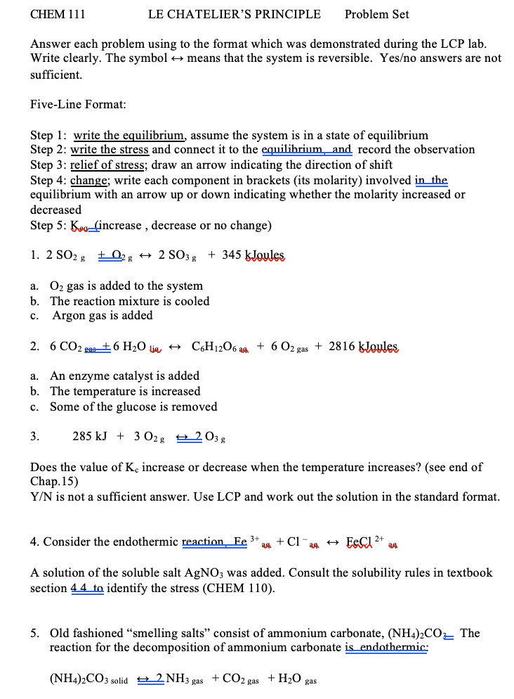 Solved CHEM 111 LE CHATELIER'S PRINCIPLE Problem Set Answer | Chegg.com