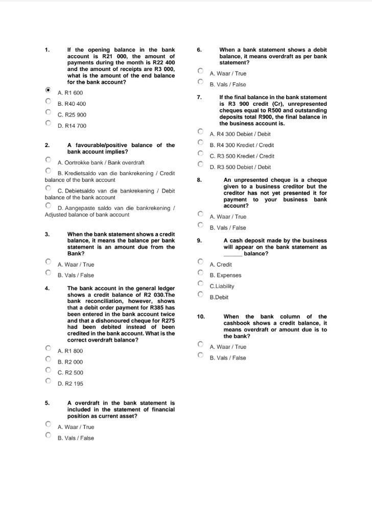 Solved 1. 6. If the opening balance in the bank account is | Chegg.com