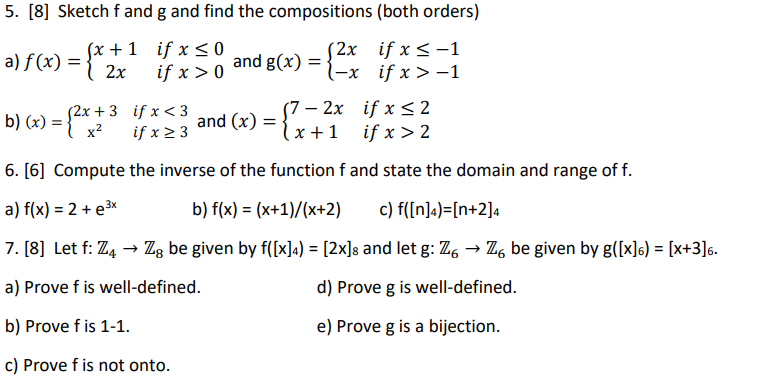 Solved { and g(x) = {zx fx3-1 5. [8] Sketch fand g and find | Chegg.com