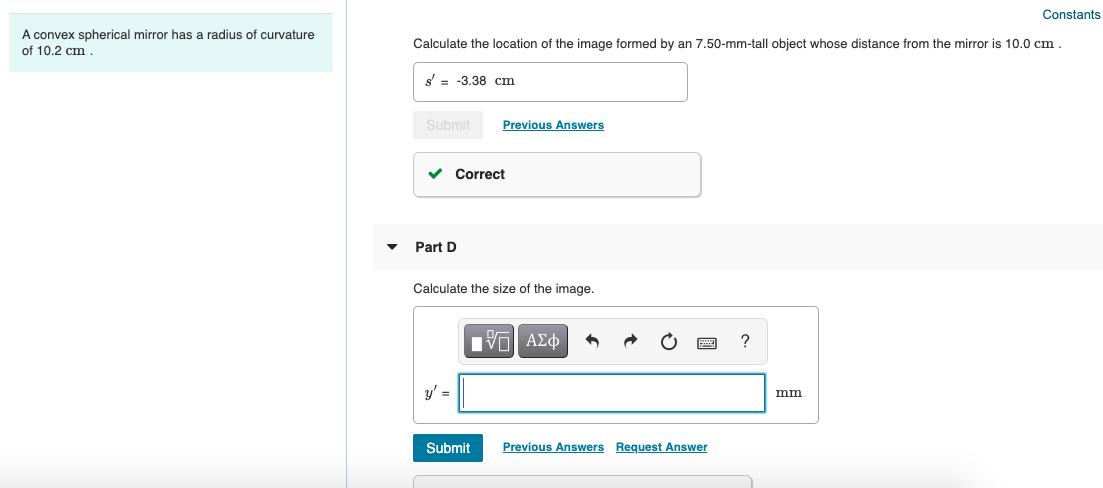 Solved Constants A convex spherical mirror has a radius of | Chegg.com