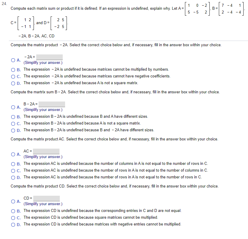 Solved 24. 1 0-2 7 -4 1 Compute each matrix sum or product | Chegg.com