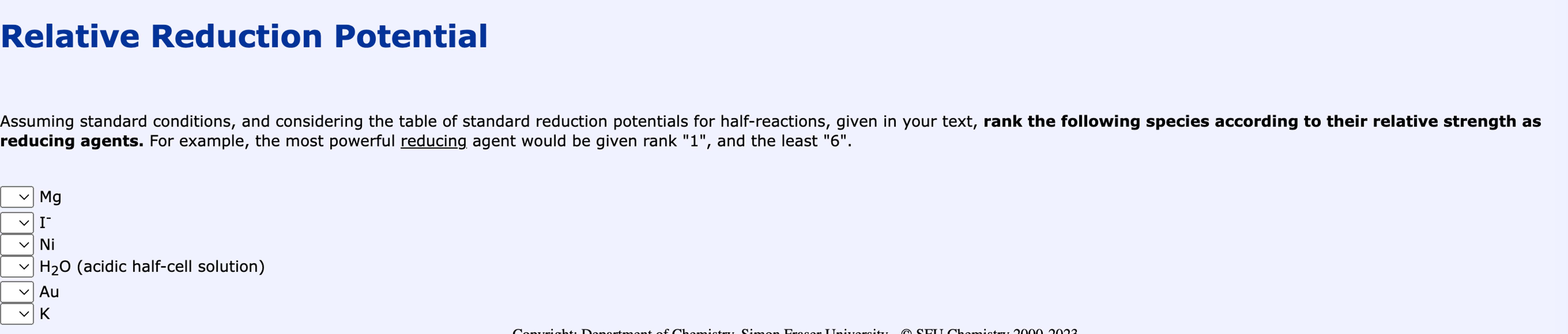 Solved Relative Reduction Potential reducing agents. For | Chegg.com