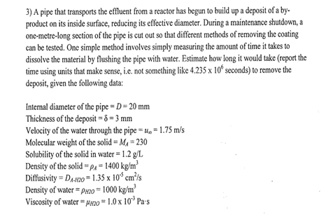 Solved 3) A pipe that transports the effluent from a reactor | Chegg.com