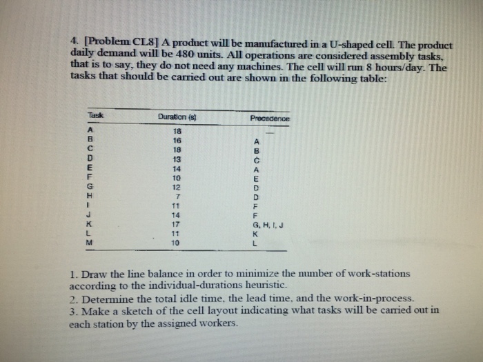 Solved A product will be manufactured in a U-shaped cell. | Chegg.com