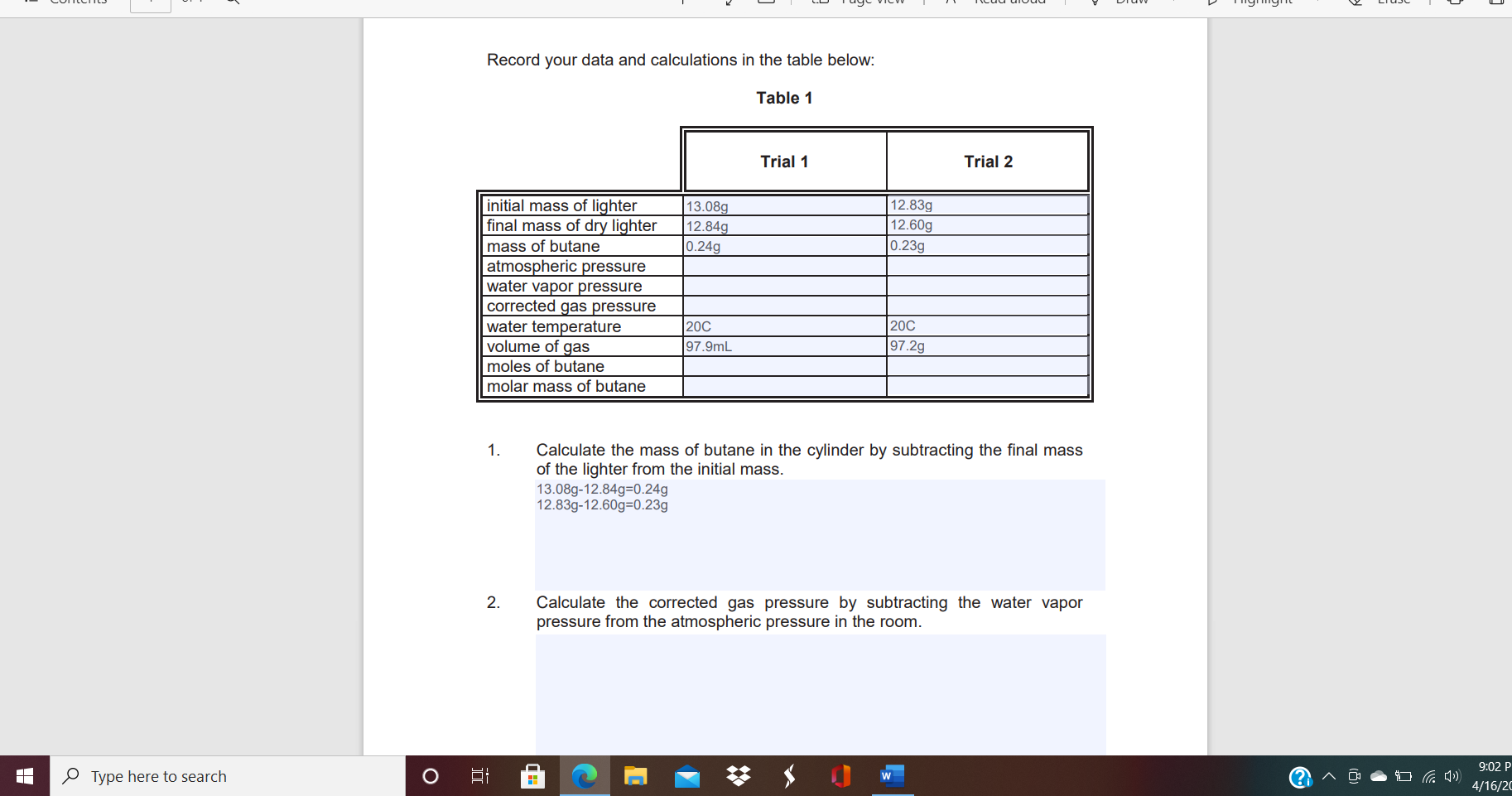 Solved Record your data and calculations in the table below: | Chegg.com