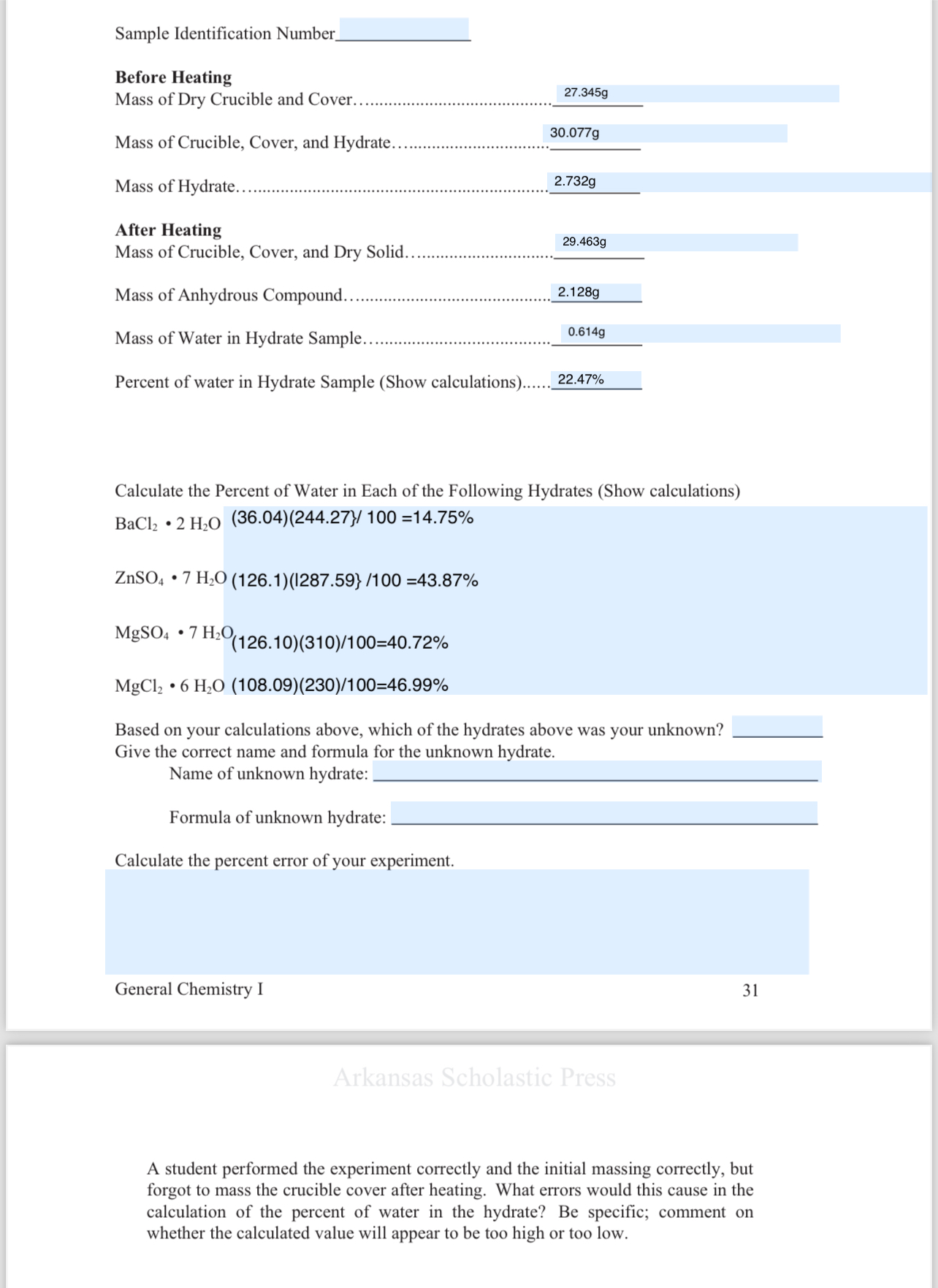 Solved Calculate the Percent of Water in Each of the | Chegg.com