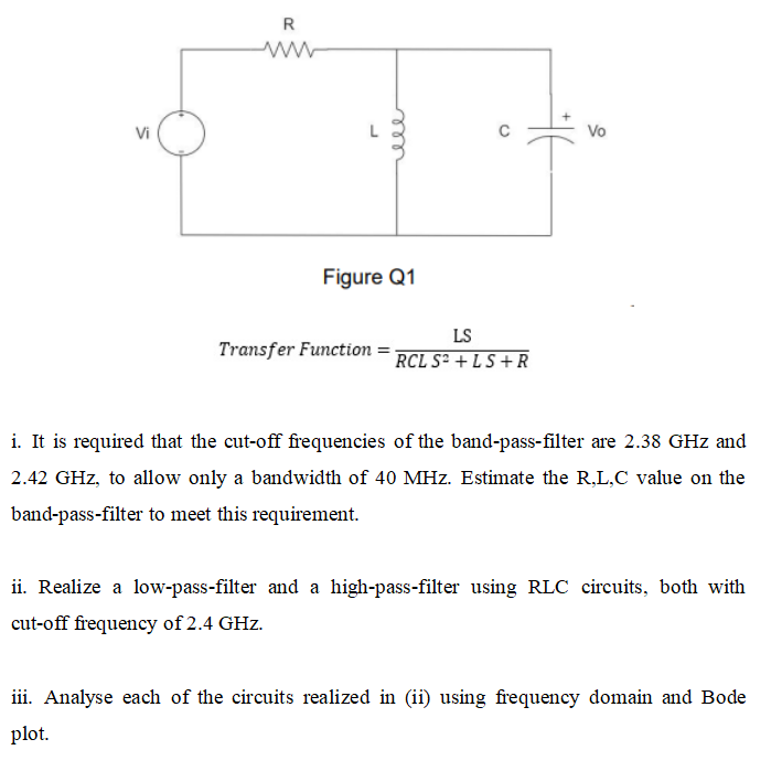 Solved R Vi Vo Figure Q1 LS Transfer Function = RCL S2 +LS+R | Chegg.com