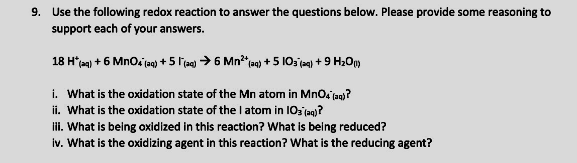 Solved 9. Use the following redox reaction to answer the | Chegg.com