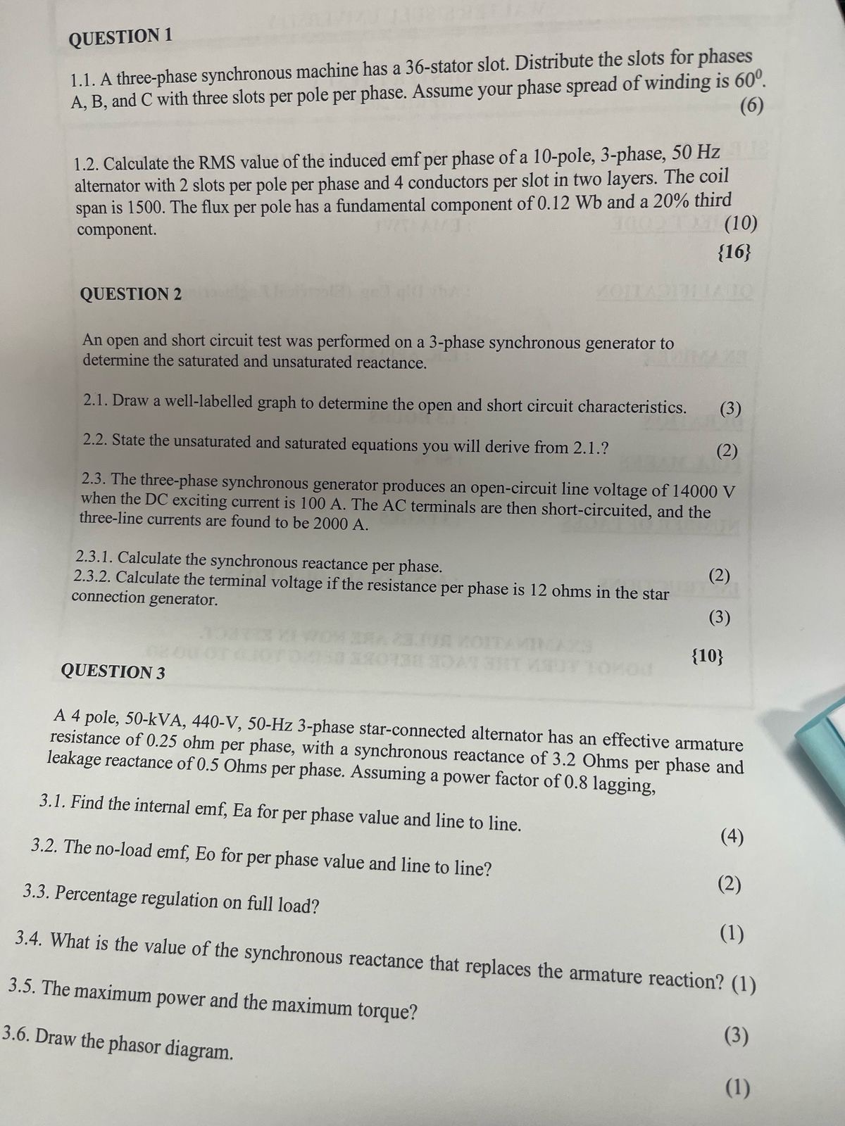 QUESTION 1 1.1. ﻿A three-phase synchronous machine | Chegg.com