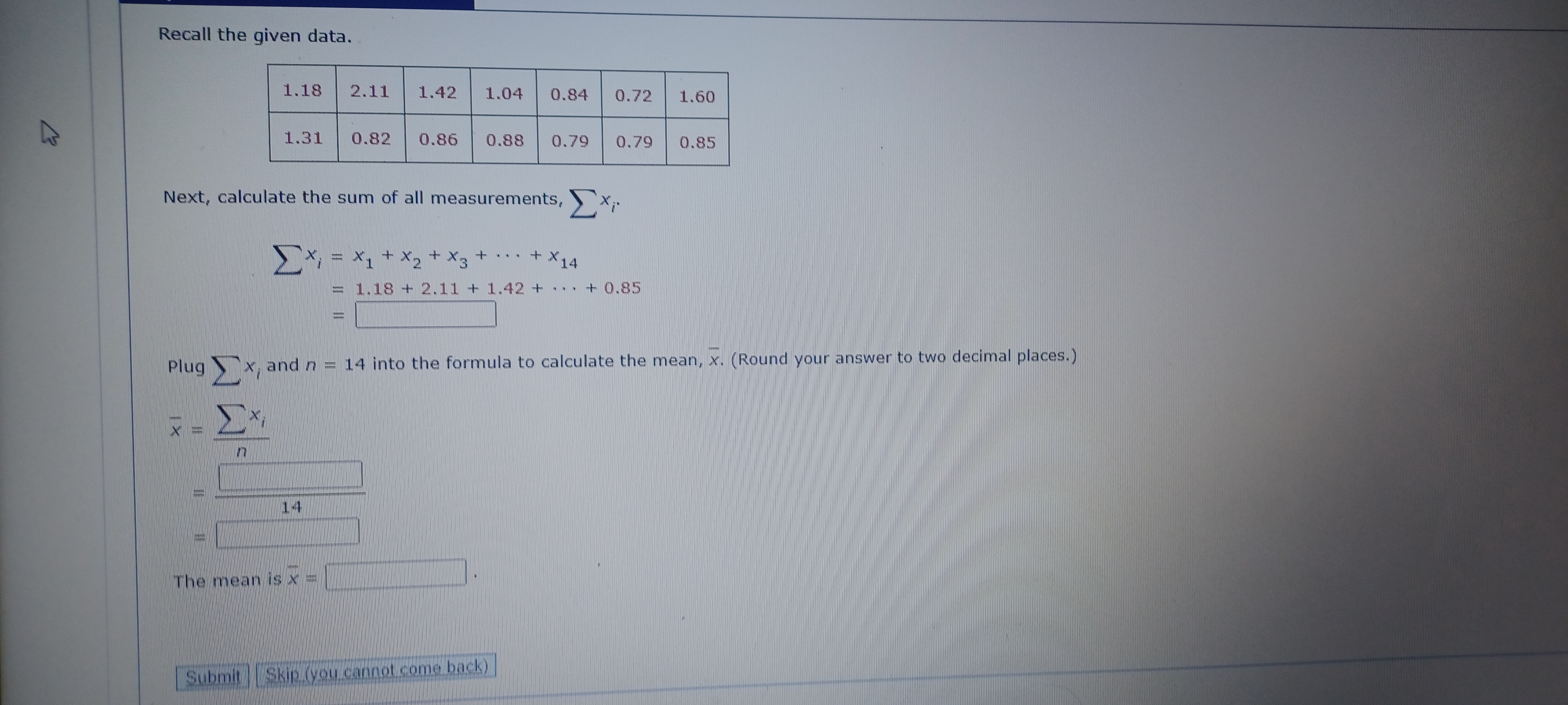 Solved Recall the given data. Next, calculate the sum of all | Chegg.com