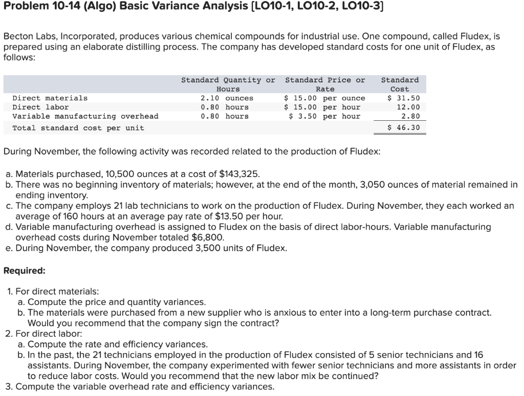 Solved Problem 10-14 (Algo) Basic Variance Analysis [LO10-1, | Chegg.com Solved Problem 10-14 (Algo) Basic Variance Analysis [LO10-1, | Chegg.com