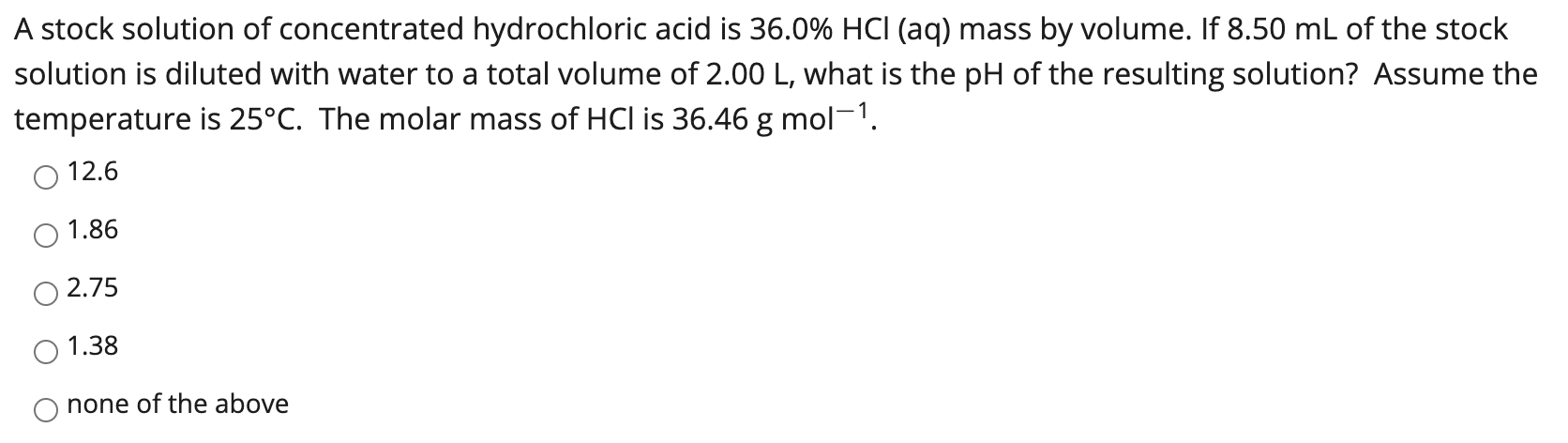 Solved A stock solution of concentrated hydrochloric acid is | Chegg.com