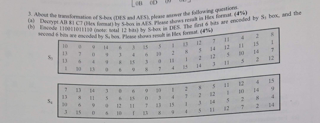 Solved 3. About the transformation of S-box (DES and AES), | Chegg.com