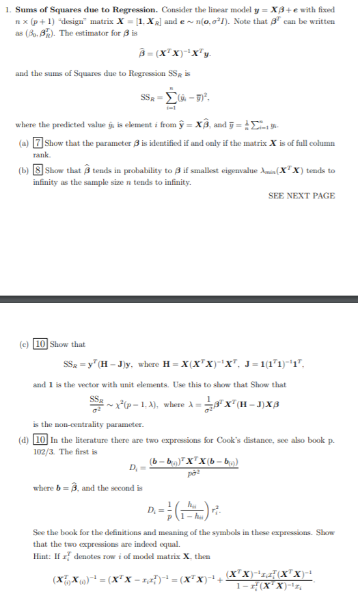 Solved 1. Sums of Squares due to Regression. Consider the | Chegg.com