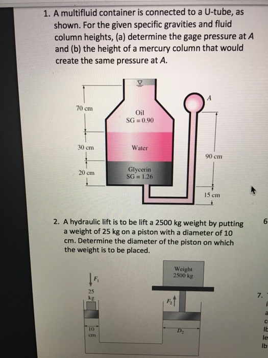 Solved 1. A multifluid container is connected to a U-tube, | Chegg.com