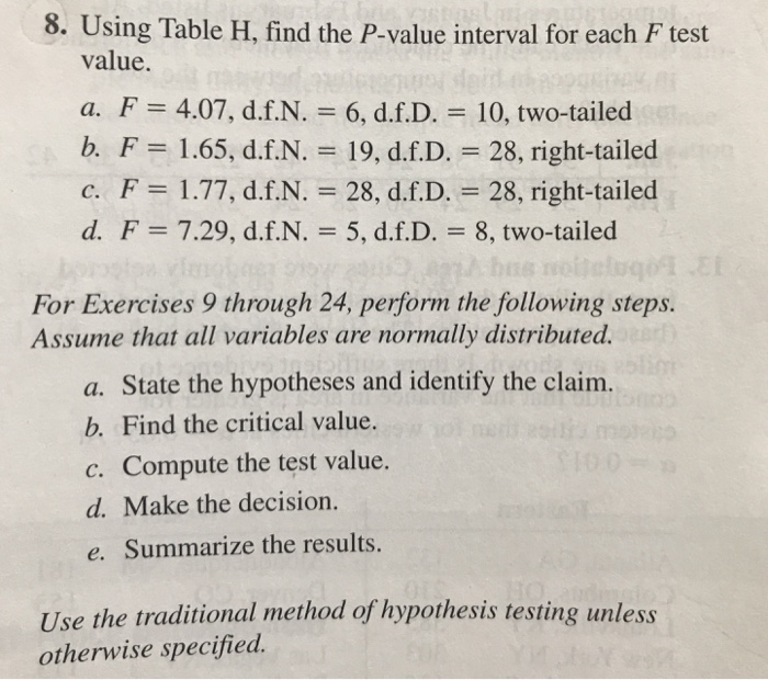 8. Using Table H, find the P-value interval for each | Chegg.com