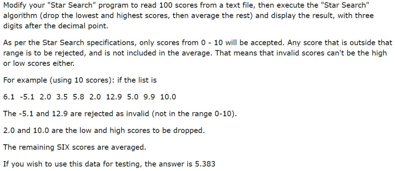 Solved Modify your "Star Search" program to read 100 scores | Chegg.com