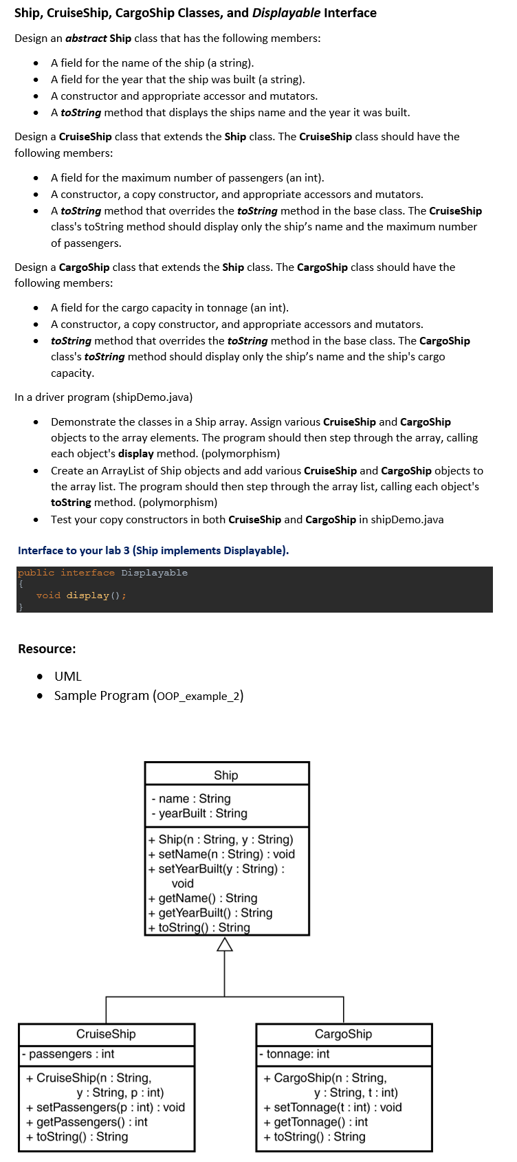 Solved Ship, CruiseShip, CargoShip Classes, and Displayable | Chegg.com
