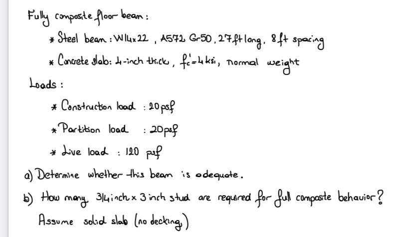 Solved Fully composite floor bean: * Steel bean: W14.22, | Chegg.com