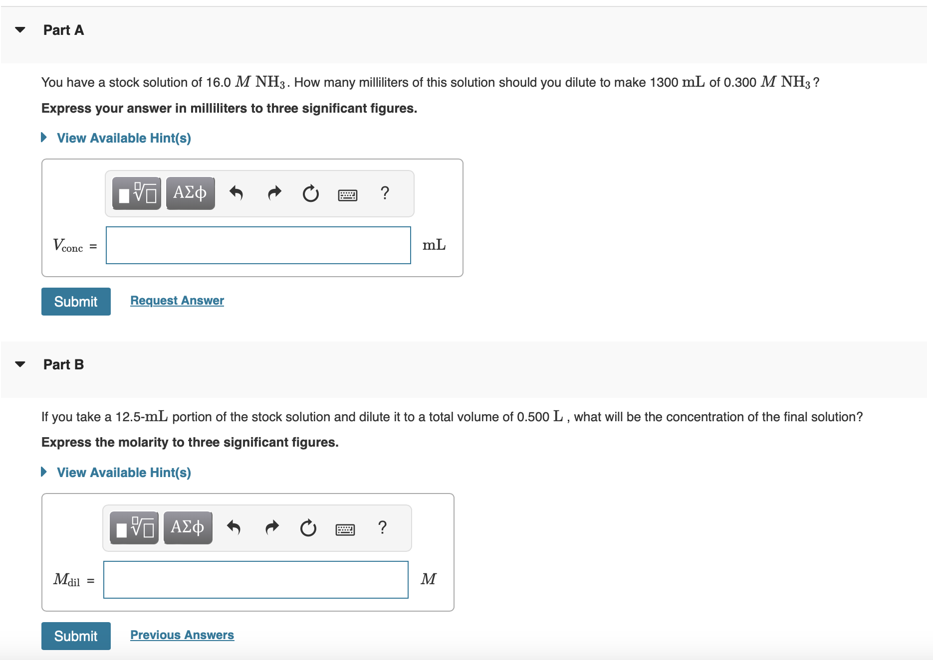 Solved You have a stock solution of 16.0MNH3. How many | Chegg.com