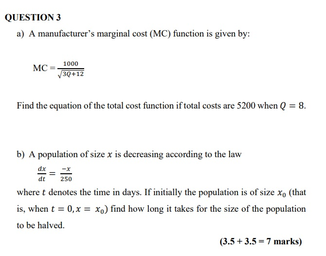 Solved a) A manufacturer’s marginal cost (MC) function is | Chegg.com