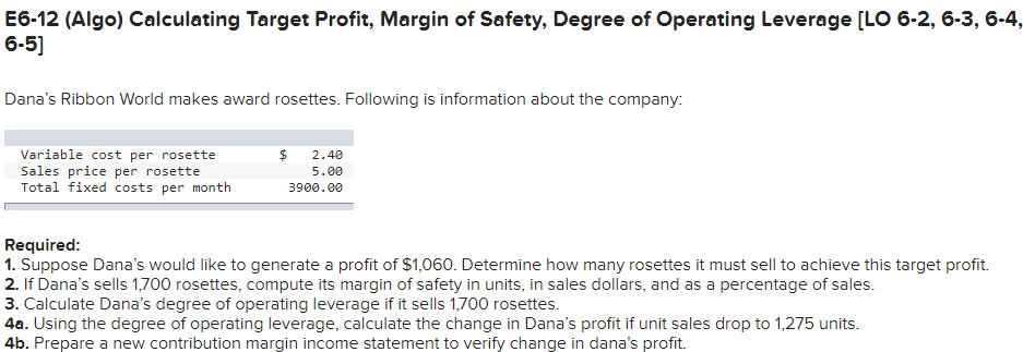 Solved E6-12 (Algo) Calculating Target Profit, Margin of | Chegg.com