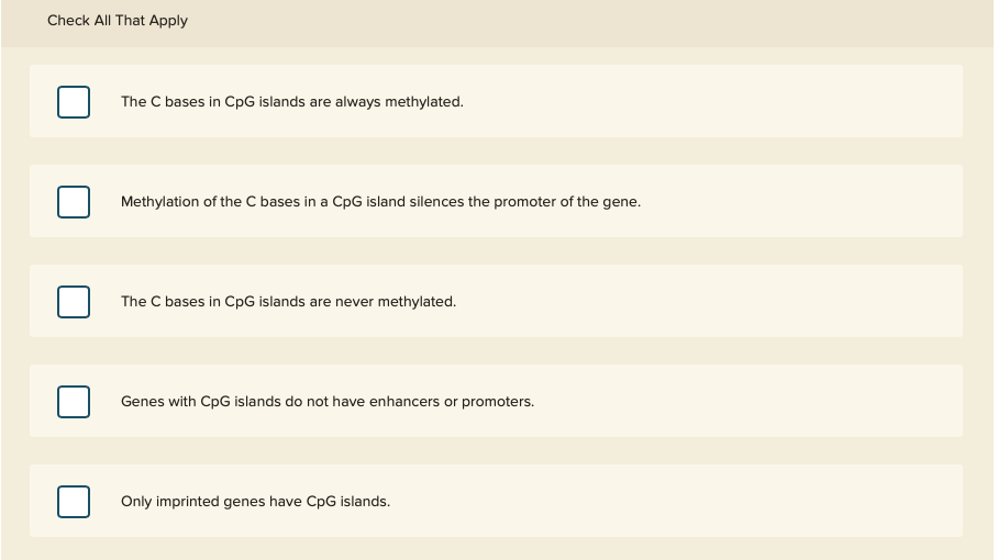 Solved Check All That Apply The C bases in CpG islands are | Chegg.com