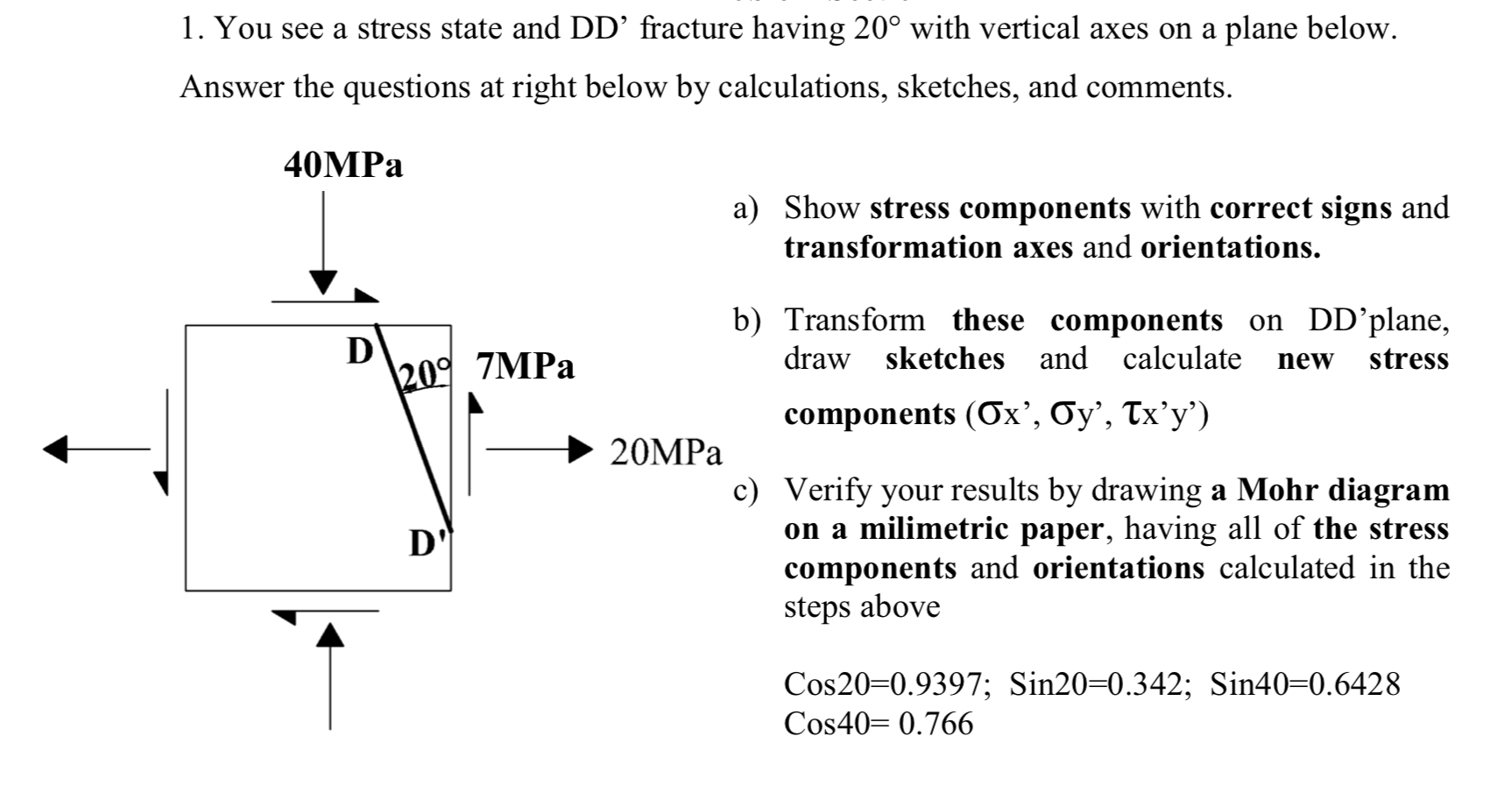 Solved You see a stress state and DD' ﻿fracture having 20° | Chegg.com