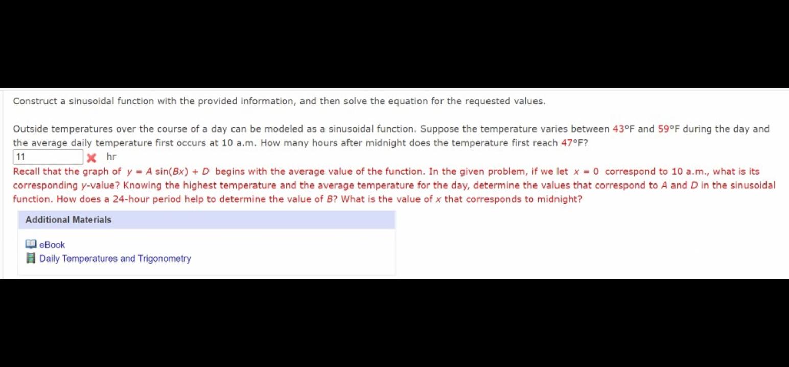 Solved Construct a sinusoidal function with the provided | Chegg.com