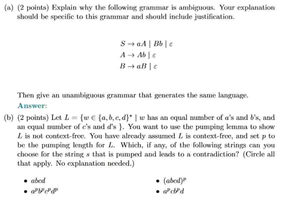 Solved (a) ( 2 ﻿points) ﻿Explain why the following grammar | Chegg.com