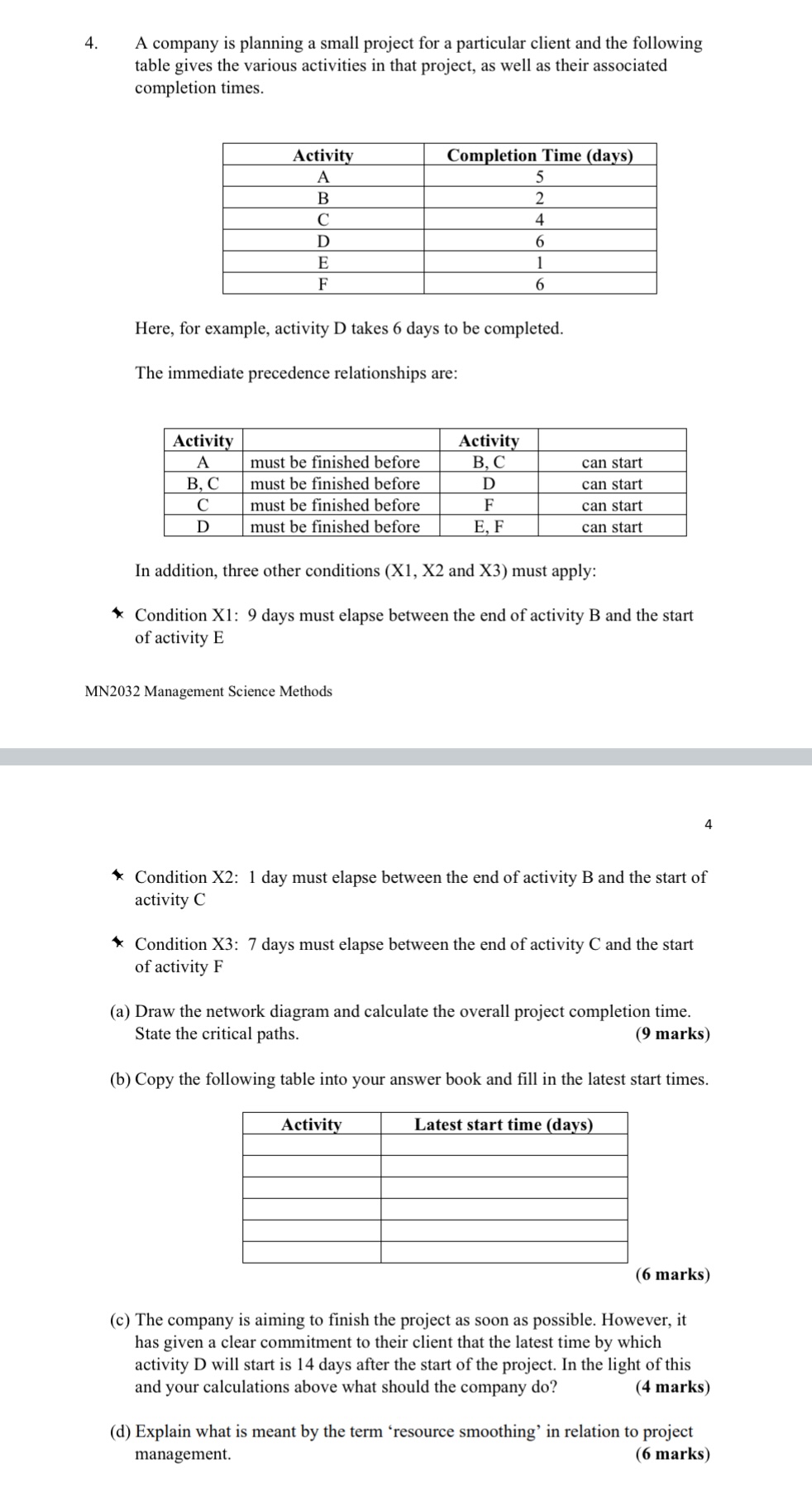 Solved 4. ﻿A company is planning a small project for a | Chegg.com