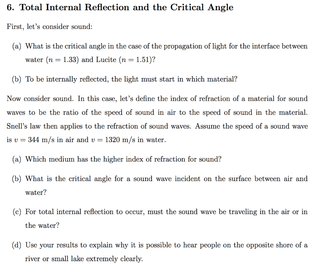 Solved 6. Total Internal Reflection and the Critical Angle | Chegg.com